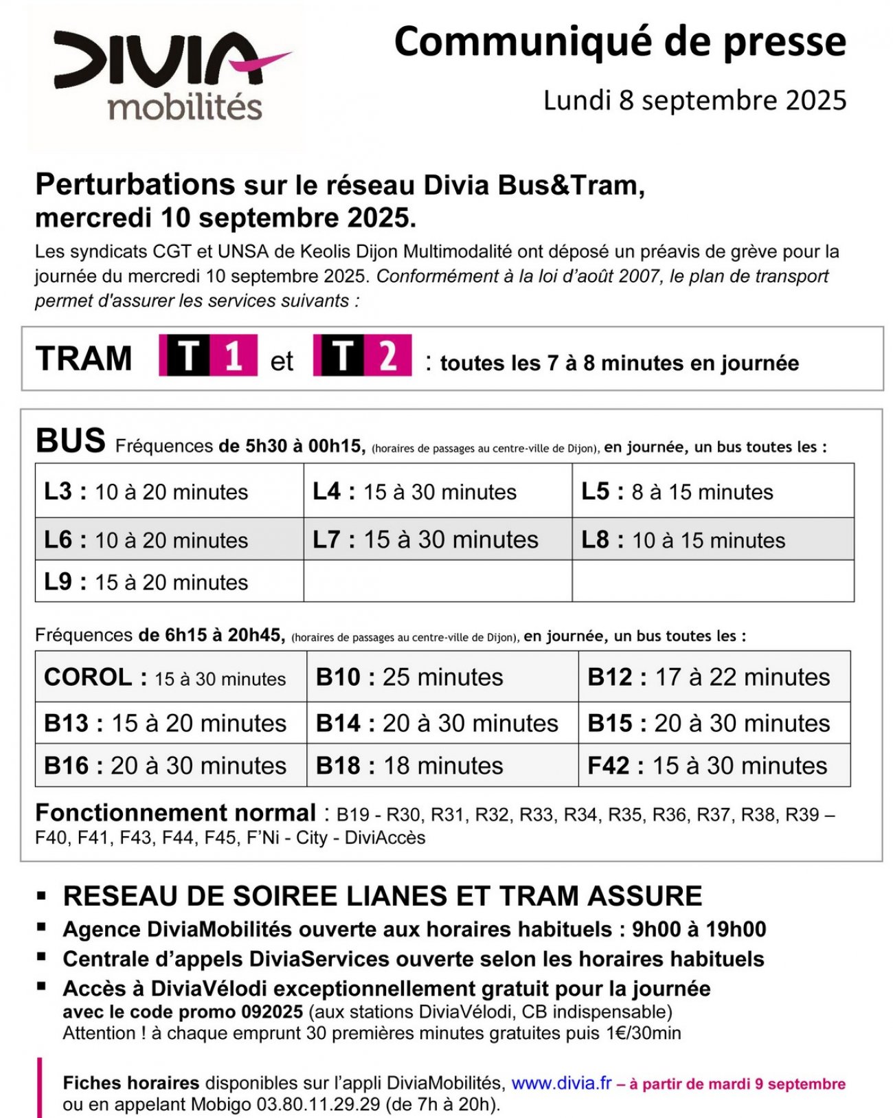 DIJON MÉTROPOLE : Perturbation des circulations sur le réseau Divia le 10 septembre - Infos Dijon